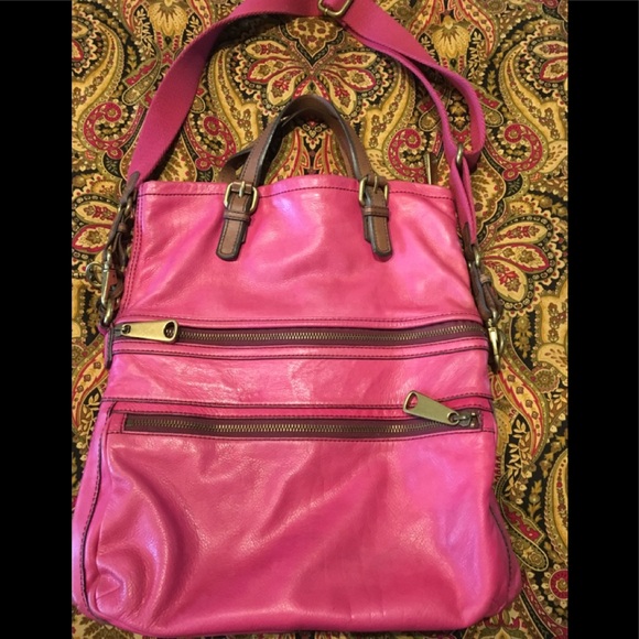 Fossil | Bags | Fossil Pink Large Leather Bag With Strap | Poshmark